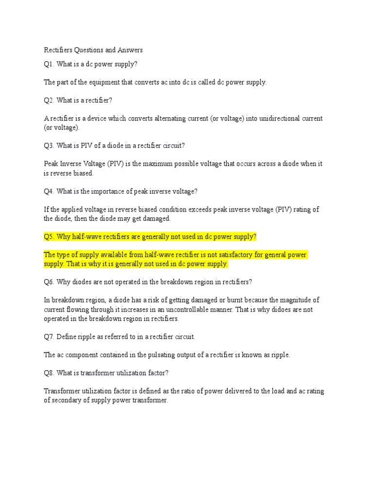 Rectifiers: Key Questions and Answers | PDF | Rectifier | Power Supply