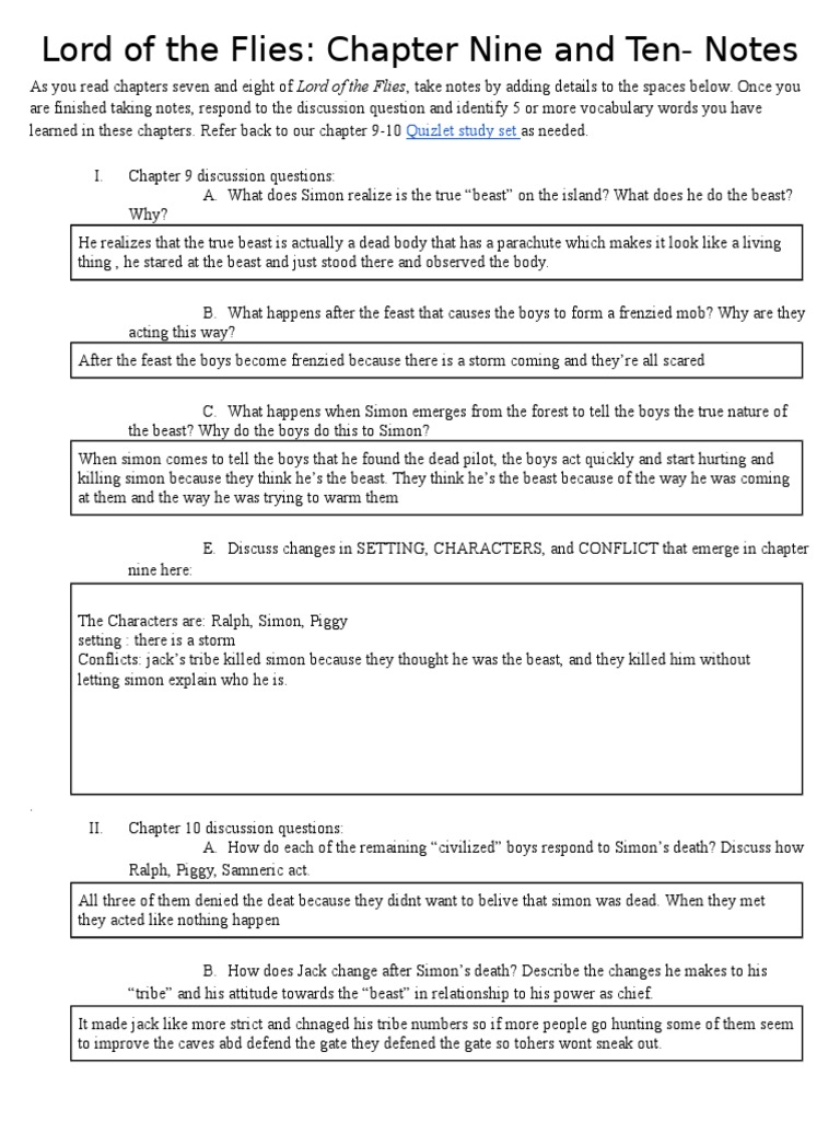Lord of The Flies: Chapter Nine and Ten-Notes: Quizlet Study Set | PDF
