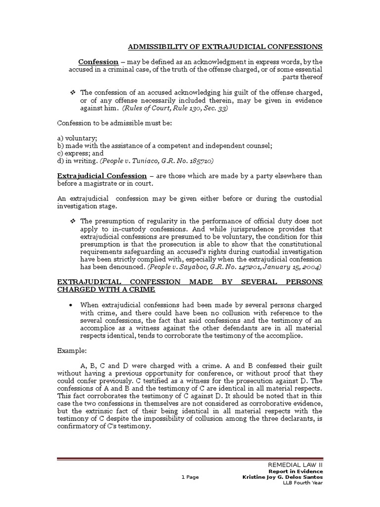 Admissibility of Extrajudicial Confessions | Confession (Law) | Testimony