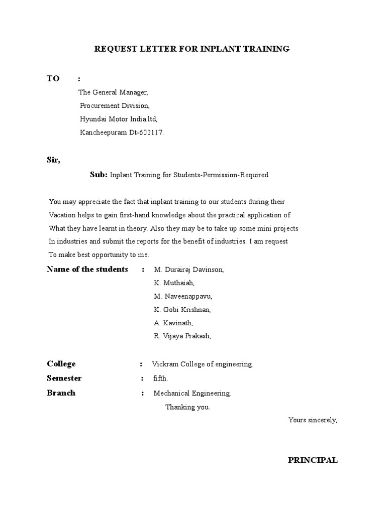 Request Letter For Inplant Training | PDF