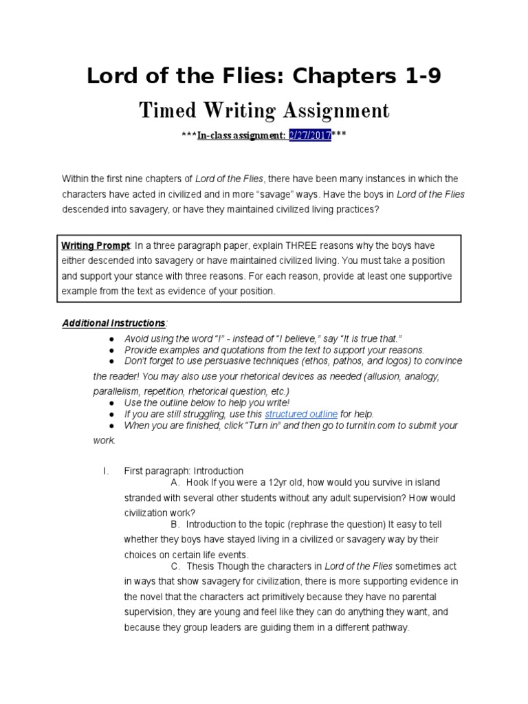 Lord of The Flies: Chapters 1-9 Timed Writing Assignment | PDF
