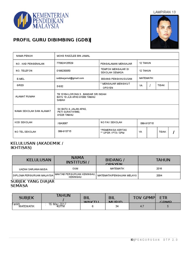 l13 Borang Profile Guru Dibimbing | PDF
