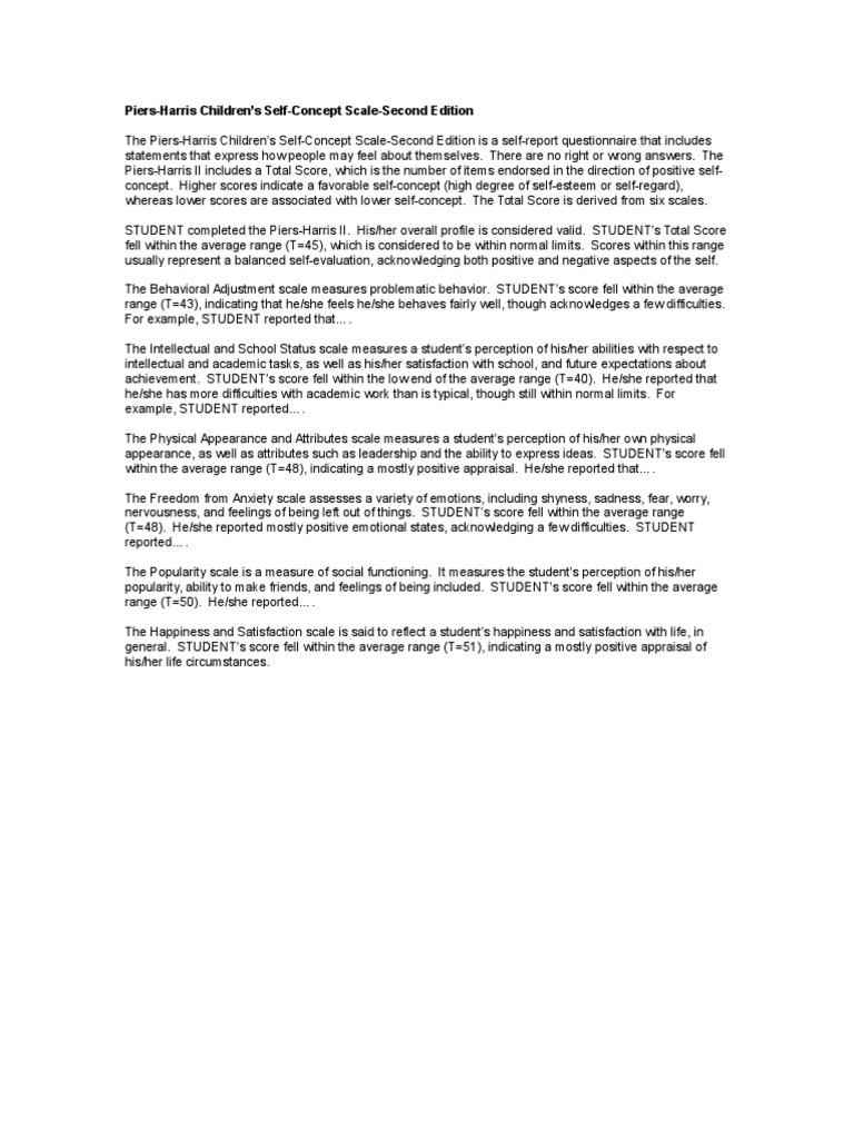 Piers-Harris Children's Self-Concept Scale report | PDF | Self Concept ...