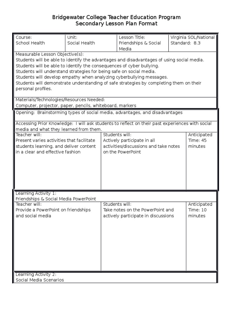 Social Media Safety Lesson Plan | PDF | Social Media | Popular Culture ...