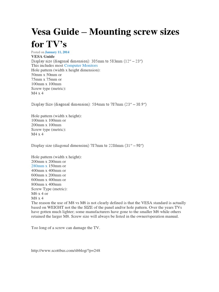 Vesa Guide - Mounting Screw Sizes For TV's | PDF