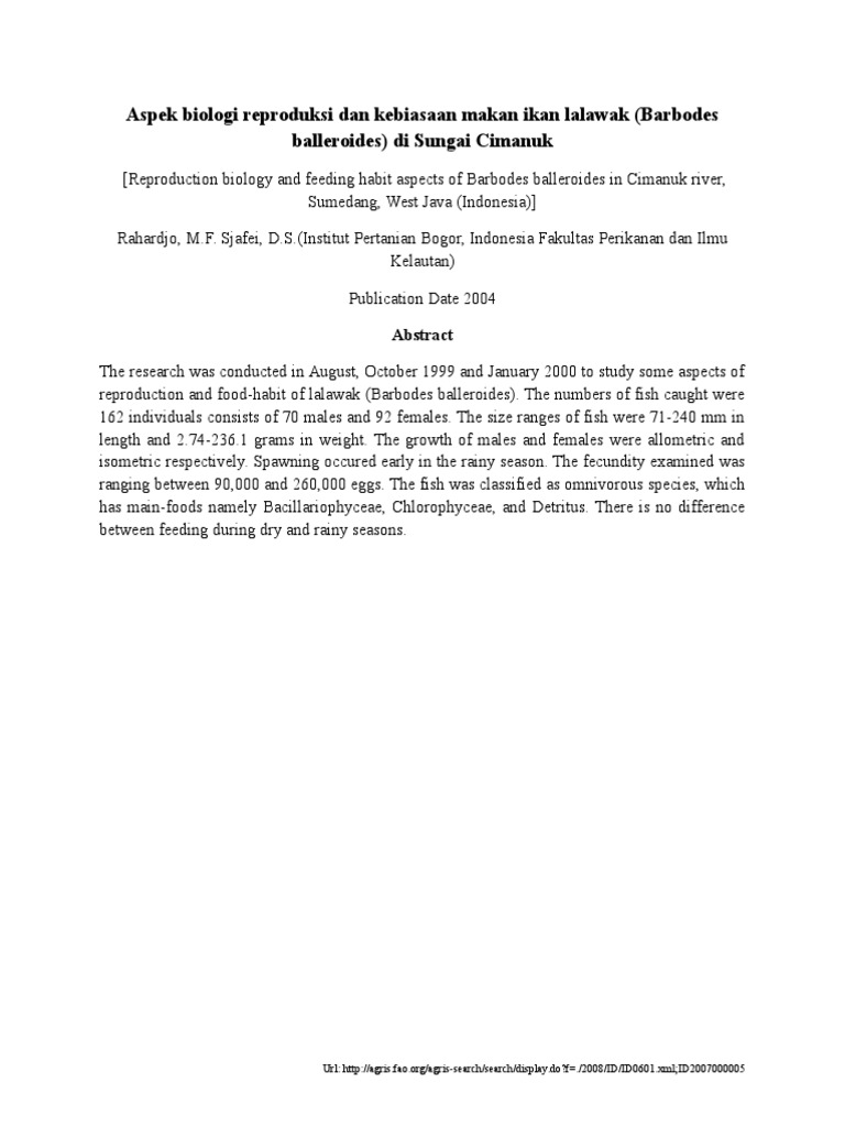 Aspek Biologi Reproduksi Dan Kebiasaan Makan Ikan Lalawak (Barbodes ...