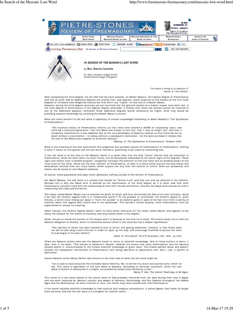 In Search of The Masonic Lost Word | PDF | Freemasonry | Masonic Lodge