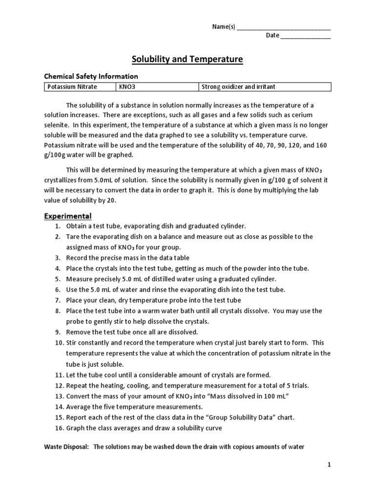 KNO3 Solubility vs. Temperature Lab | PDF | Solubility | Solution