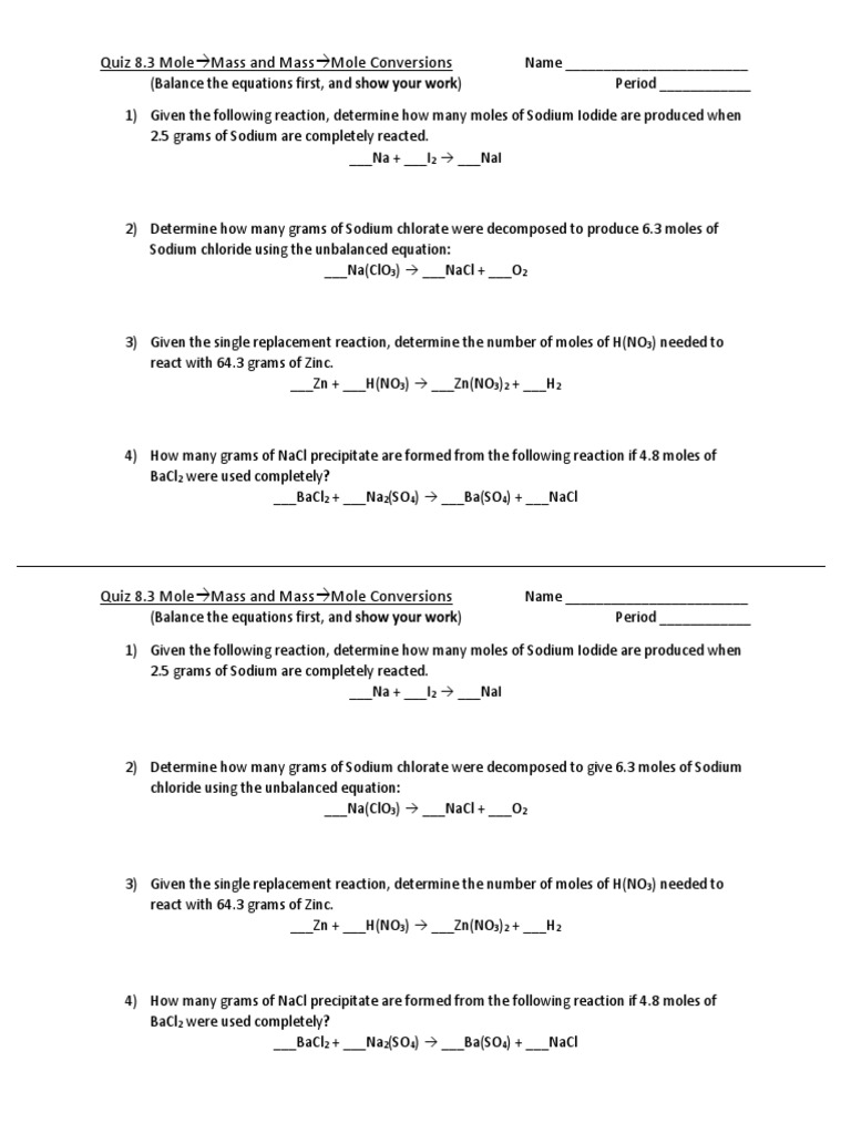 8 3 Quiz Mole To Mass Mass To Mole Conversions | PDF