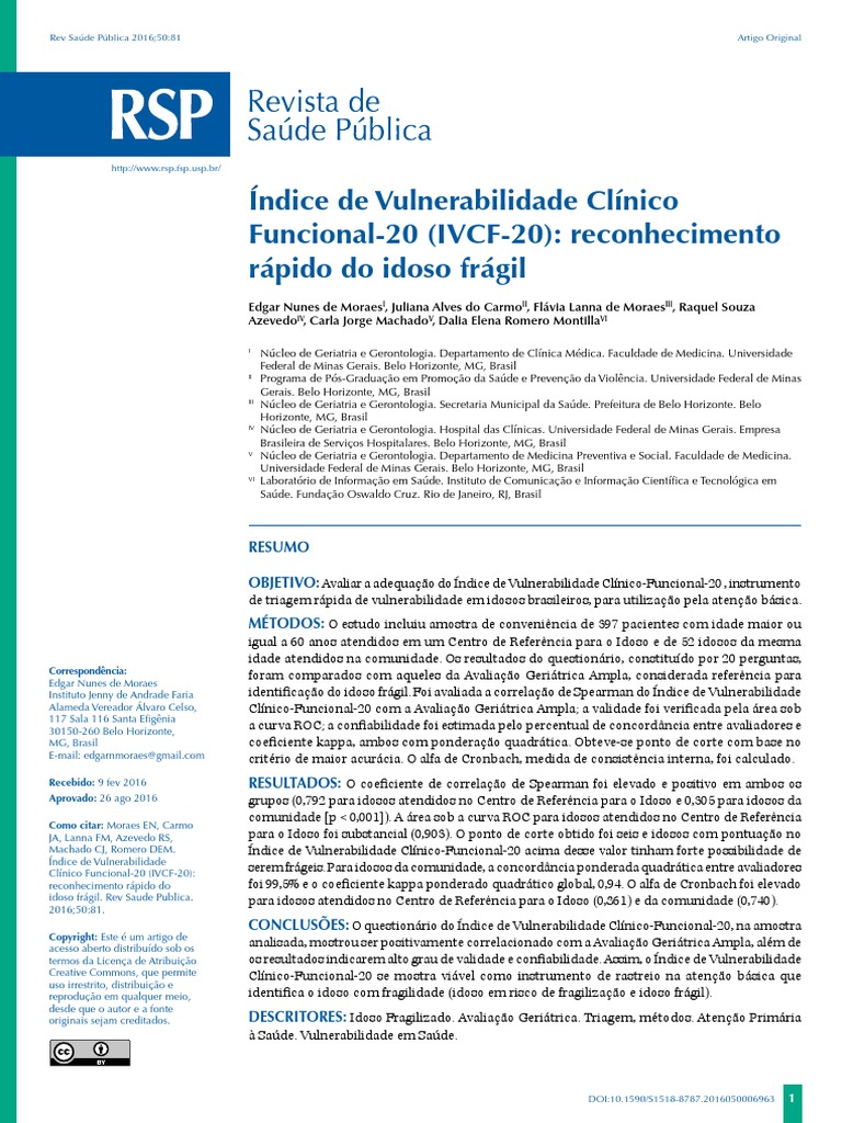 Índice de Vulnerabilidade Clínico Funcional-20 (IVCF-20): reconhecimento rápido do idoso frágil ...