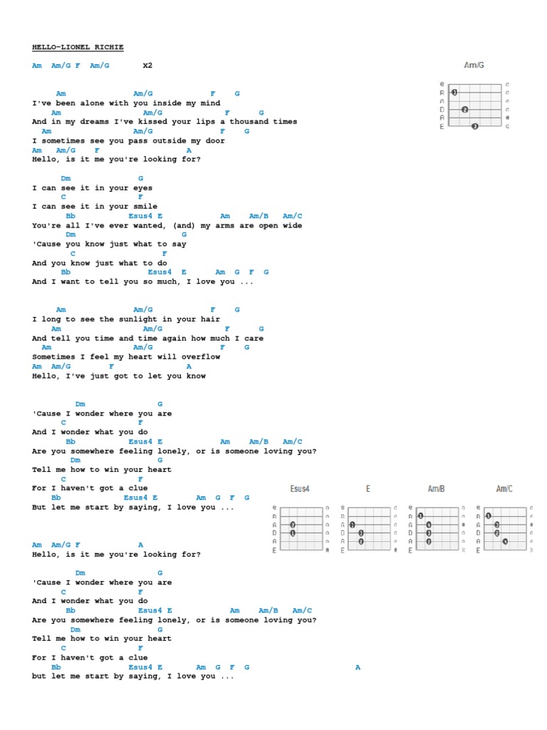 HELLO Lionel Richie Chords and Tab PDF | PDF