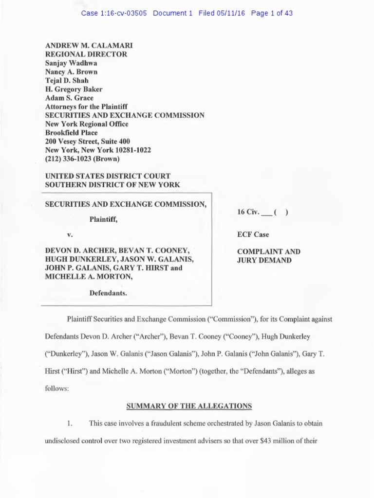 Securities and Exchange Commission Complaint Against Jason Galanis ...