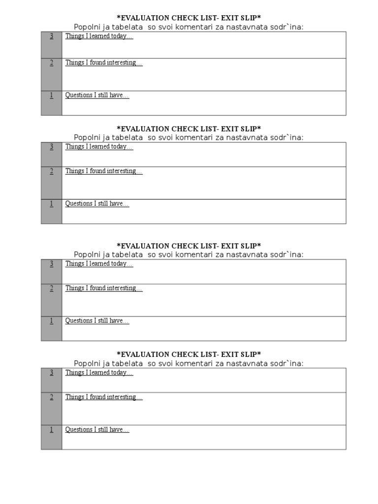 Evaluation Check List-Exit Slip | PDF