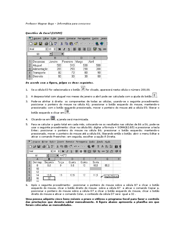 Exercicios de Excel | Planilha | Microsoft Excel