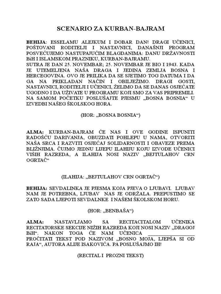 Scenario Za Kurban I Dan Drzavnosti | PDF