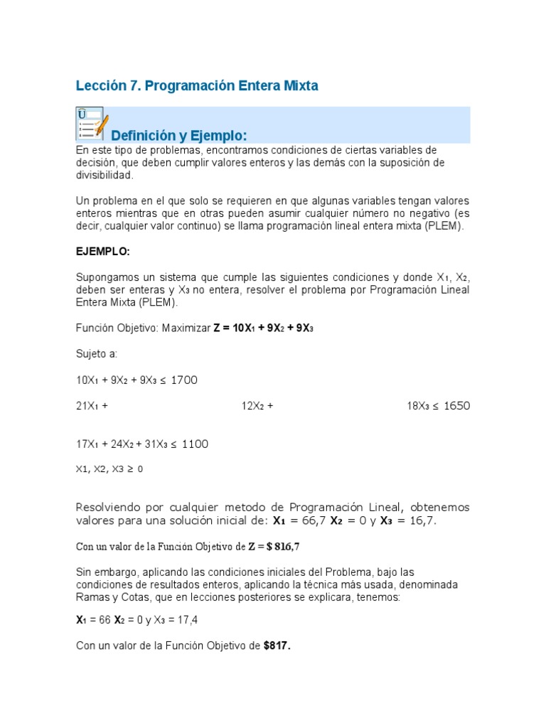 Programación Entera Mixta: Definición y Ejemplo | PDF | Métodos y ...
