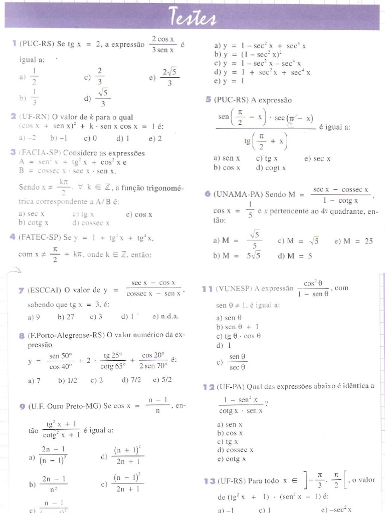 Matemática Trigonometria Lista De Exercícios Relações Entre