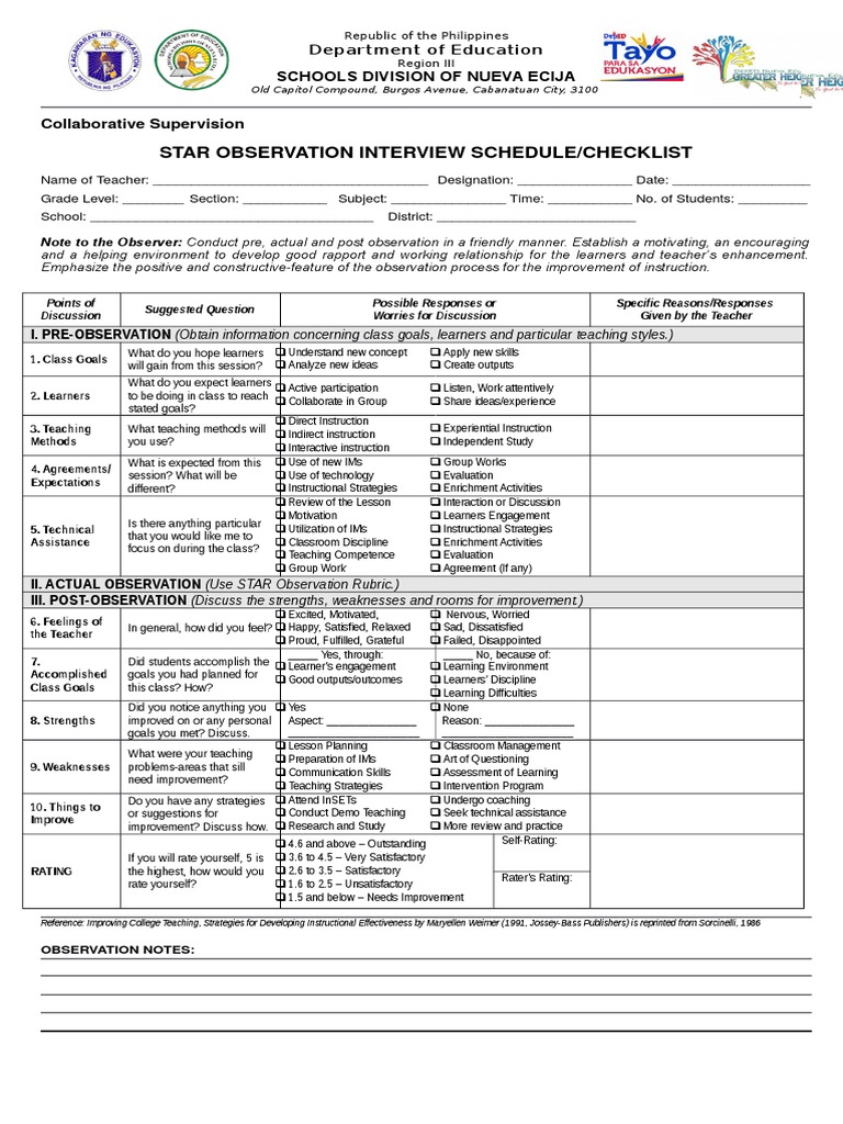 Interview Guide Checklist STAR Observation | Teaching Method | Quality ...