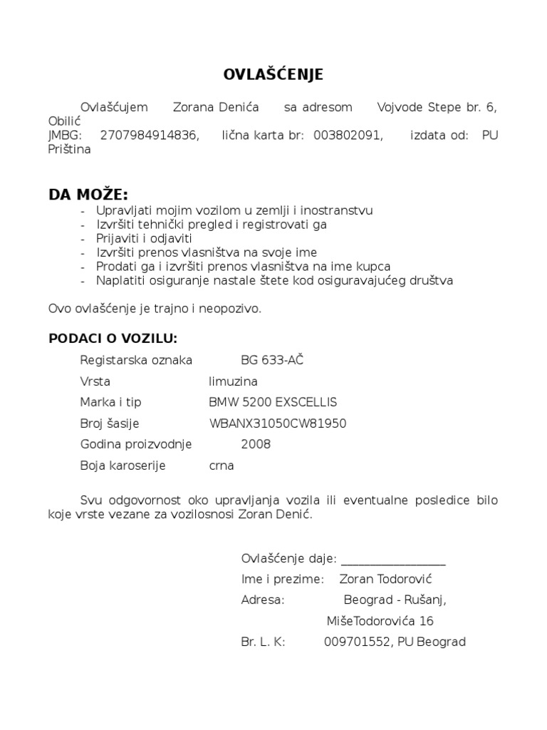 OVLAŠĆENJE Za Upravljanje Vozilom | PDF