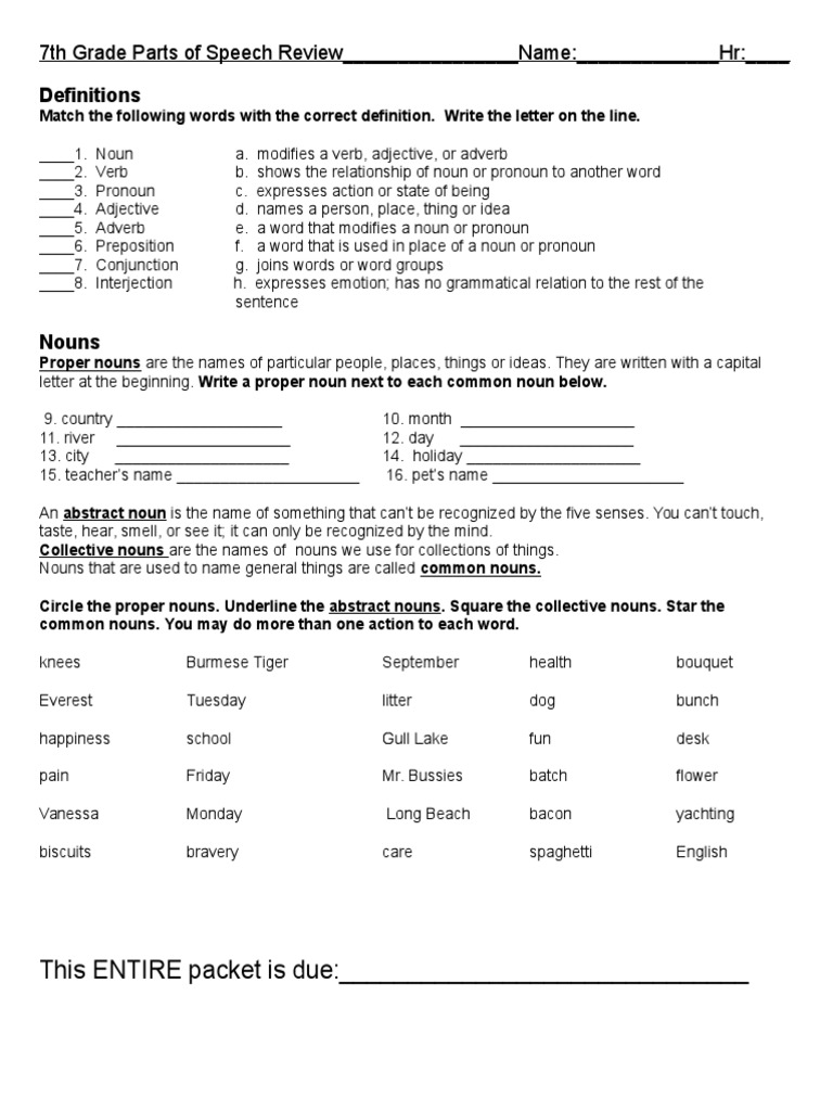 7th Grade Parts of Speech Review Packet | PDF | Noun | Part Of Speech