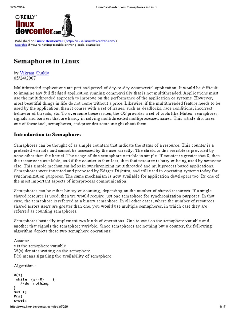Semaphores Tutorial OReilly Linuxdevcenter | PDF | Thread (Computing) | Concurrent Computing