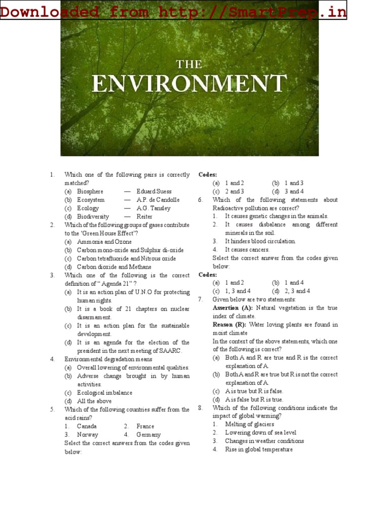 Environment Quiz: MCQs and Answers | PDF | Biodiversity | Ecosystem