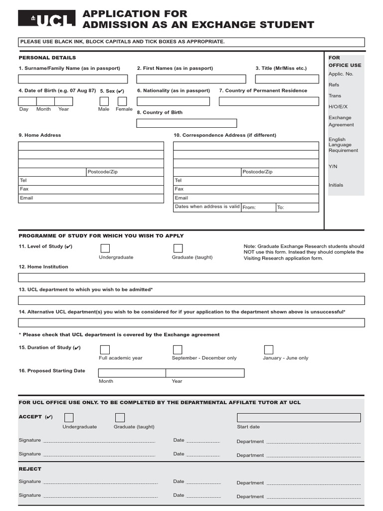 UCL Exchange Application Form | PDF | University College London ...