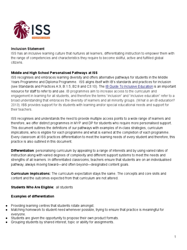 Inclusion Statement: IB Guide To Inclusive Education | PDF | Curriculum ...