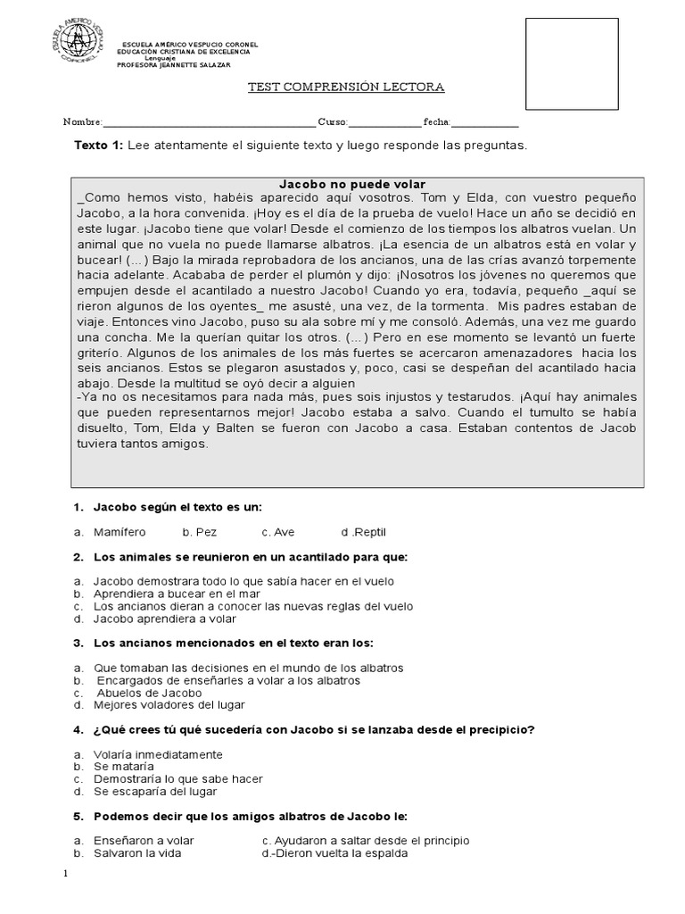 Test de Comprensión Lectora Quinto | PDF