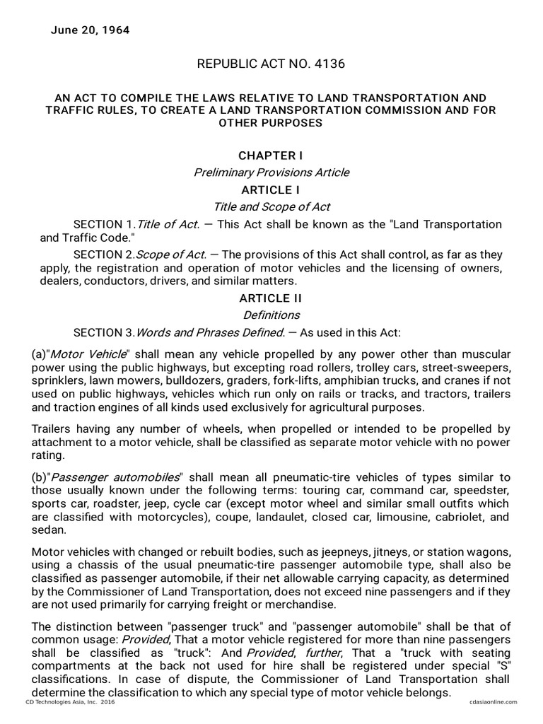 RA4136 Land Transportation and Traffic Code | PDF | Vehicle ...