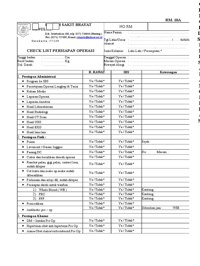 Checklist Persiapan Operasi Pasien | PDF