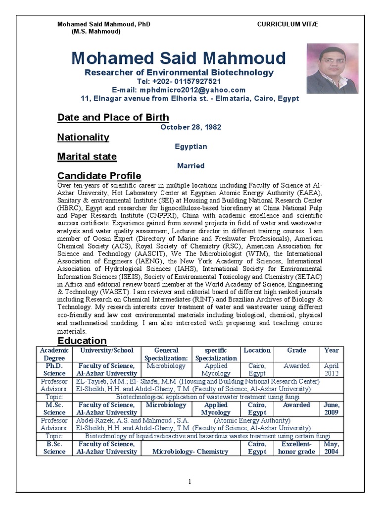 Dr. Mohamed Said Mahmoud, Resume, CV | PDF | Egypt | Science