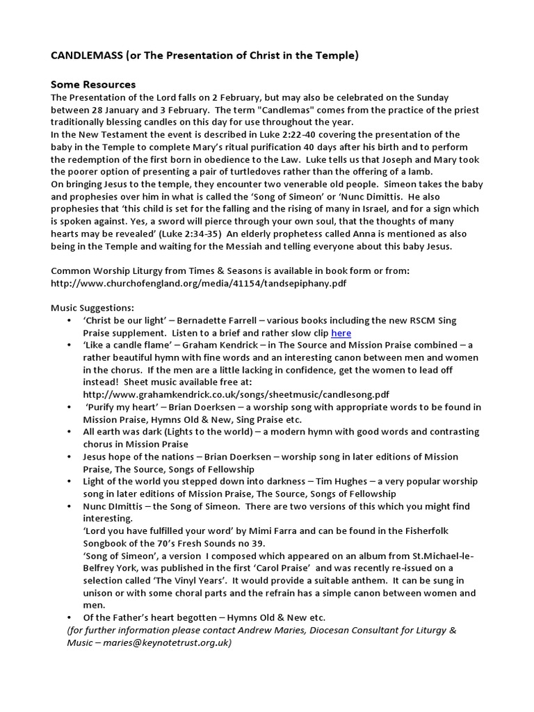 CANDLEMASS (Or The Presentation of Christ in The Temple) Some Resources ...