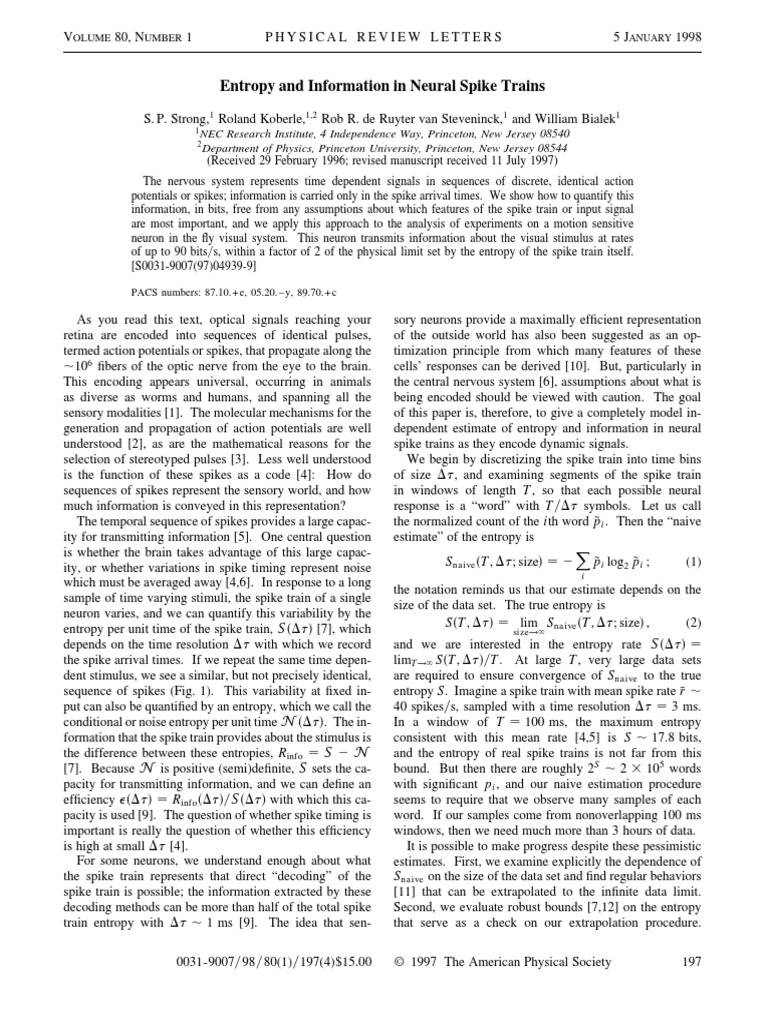 Entropy and Information in Neural Spike Trains+Strong+Koberle ...