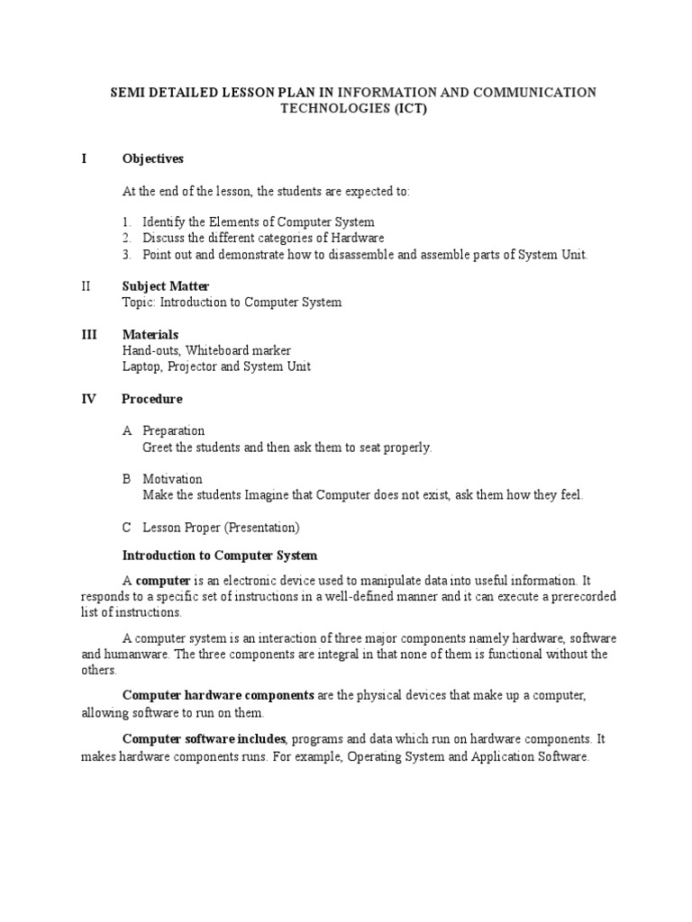 Final Demo ICT Semi-Detailed Lesson Plan | PDF | Computer Hardware | Computer Data Storage