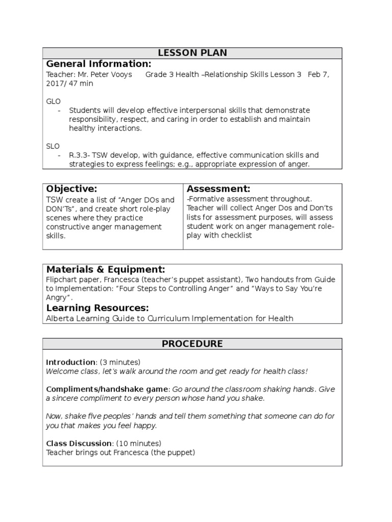 Ps III Grade 3 Health Lesson Plan 4b Cbe | PDF | Anger | Lesson Plan
