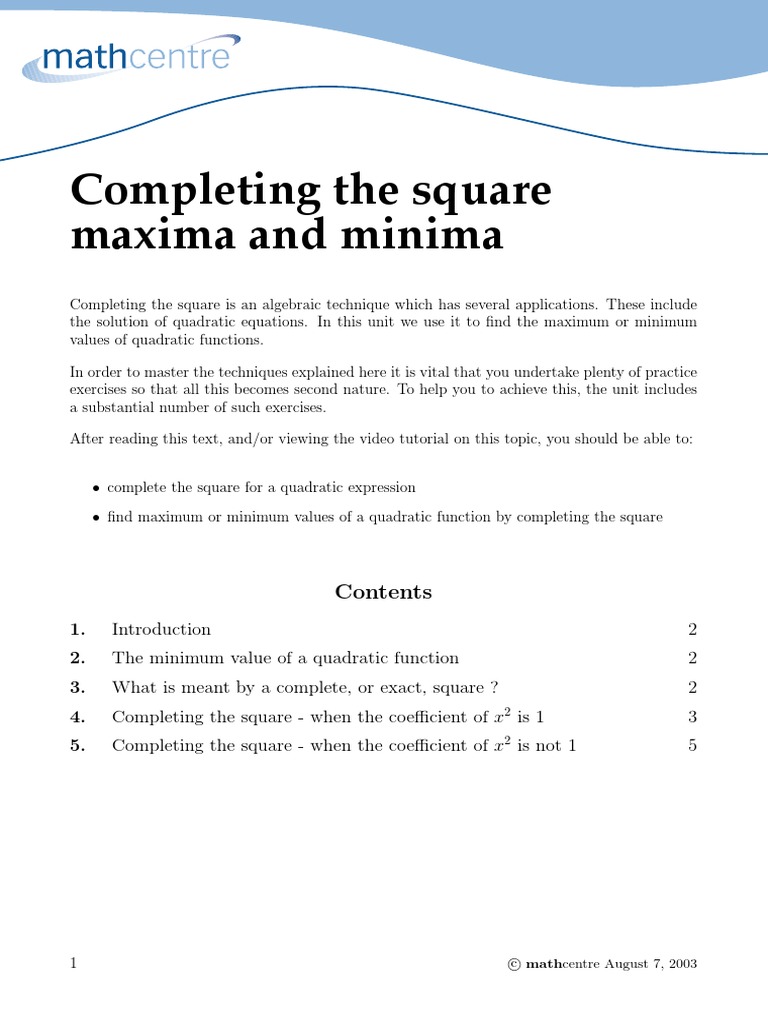 Completing The Square 1 | PDF | Quadratic Equation | Maxima And Minima
