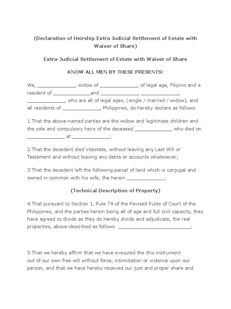 Declaration Heirship EJSE With Waiver | PDF | Intestacy | Property Law Declaration Heirship EJSE With Waiver | PDF | Intestacy | Property Law