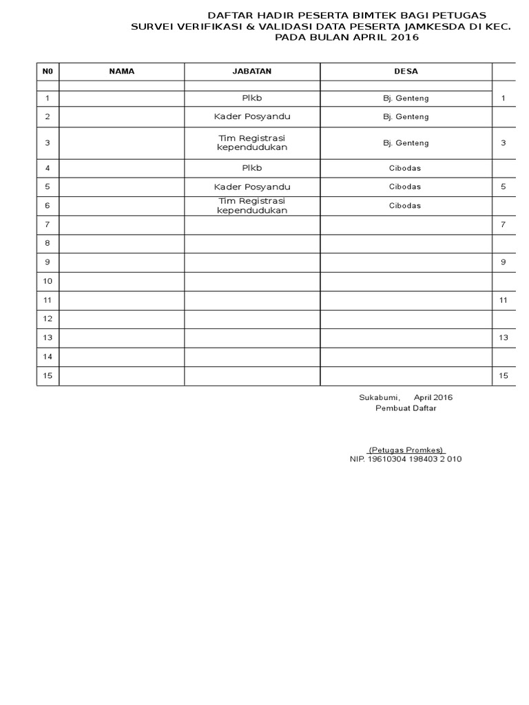 Contoh Daftar Hadir BIMTEK | PDF