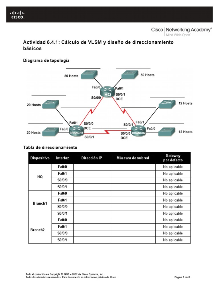 6 Actividad 6.4.1 Cálculo de VLSM y Diseño de Direccionamiento | PDF | Dirección IP | Enrutador ...