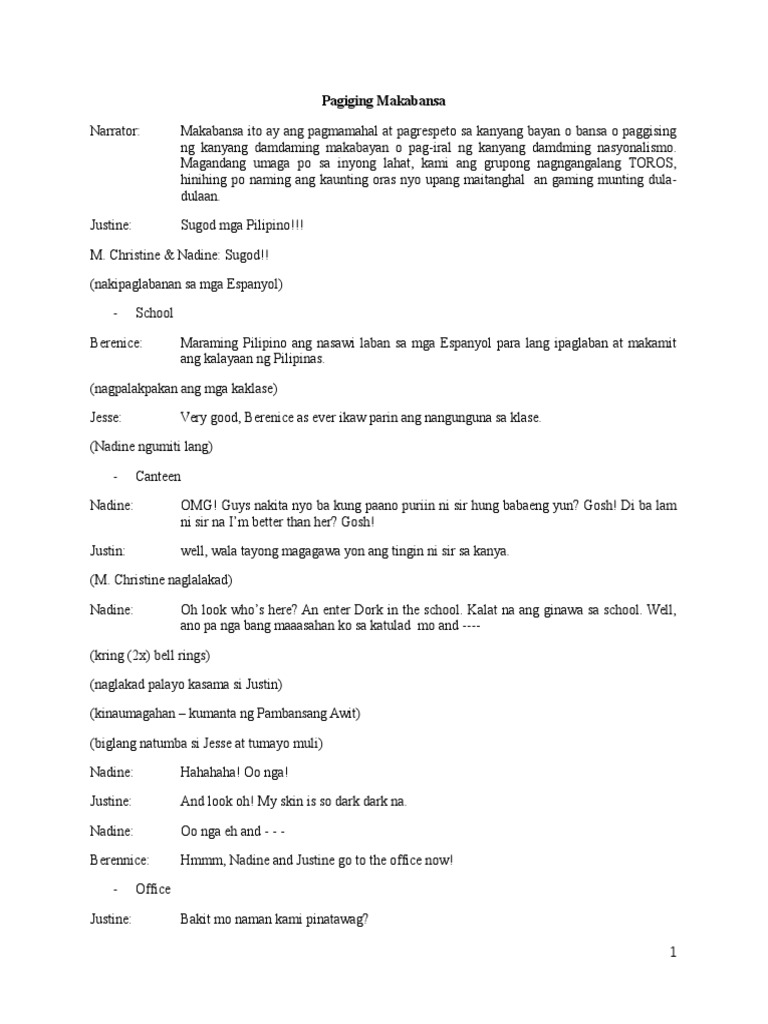 Pagiging Makabansa Skit Script Part 1 | PDF