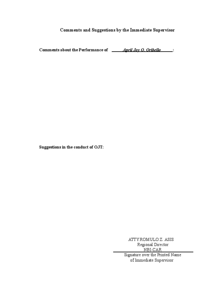 Comments and Suggestions by The Immediate Supervisor | PDF