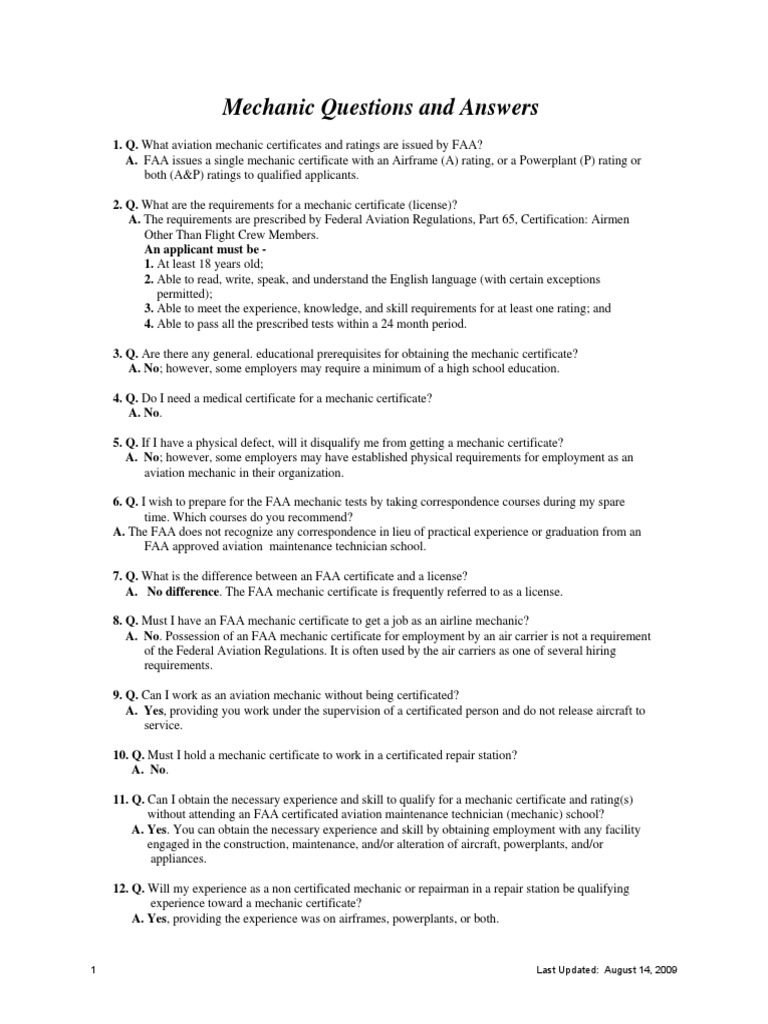 Mechanic Questions and Answers: 1 Last Updated: August 14, 2009 | PDF ...