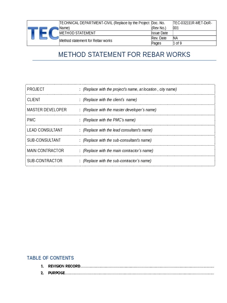 Method Statement for Rebar Works | PDF | Building Technology | Building ...
