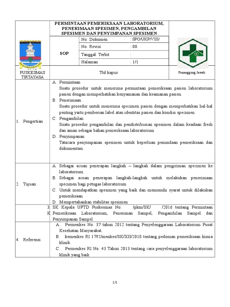 8.1.2.1. Sop Permintaan Pemeriksaan, Penerimaan Specimen, Pengambilan Dan Penyimpanan Specimen | PDF