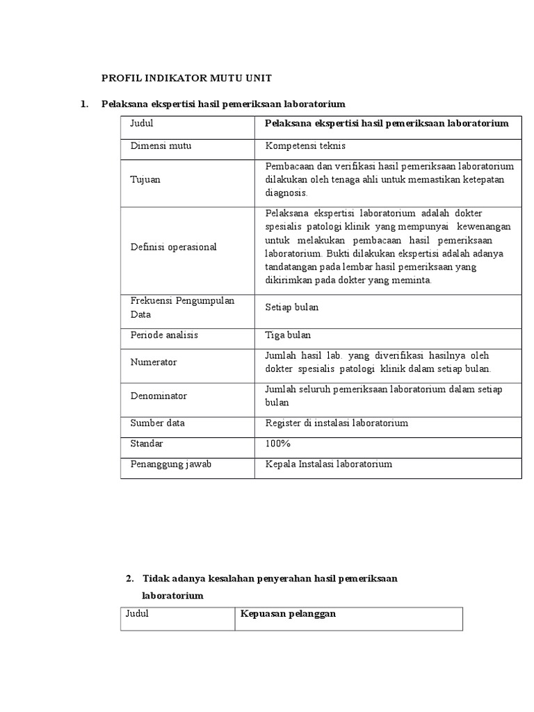 Profil Indikator Mutu Unit (Lampiran Lab) | PDF