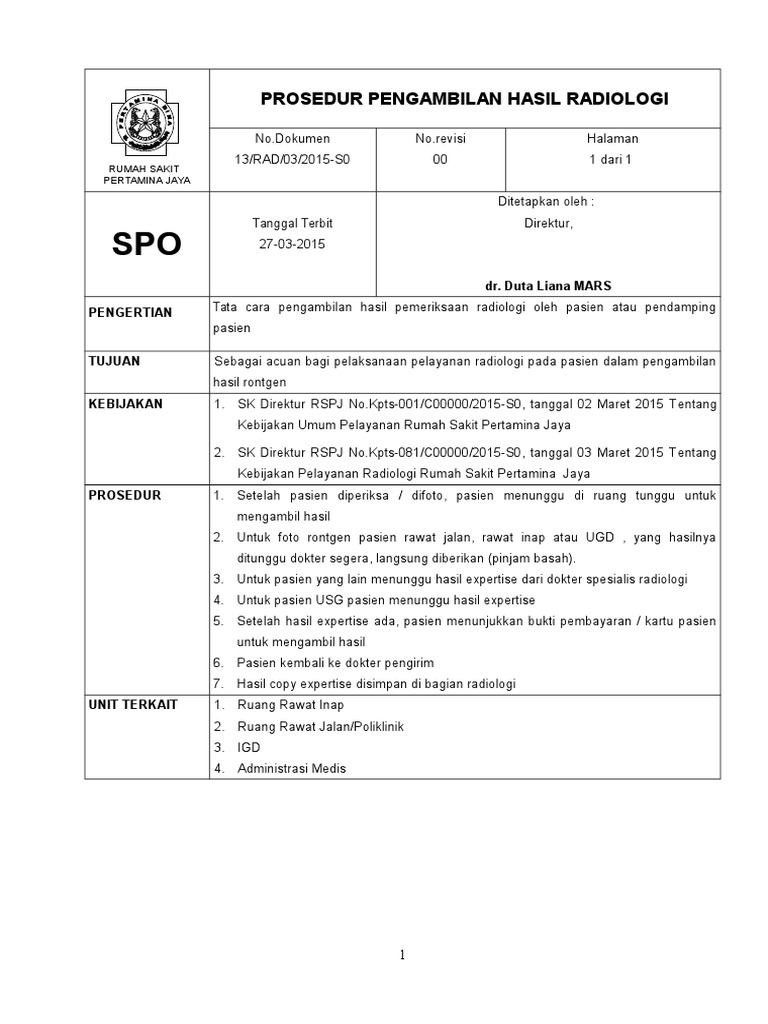 SPO Pengambilan Hasil Radiologi | PDF