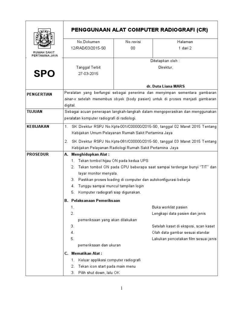SPO Penggunaan Alat Computer Radiografi | PDF | Komputer