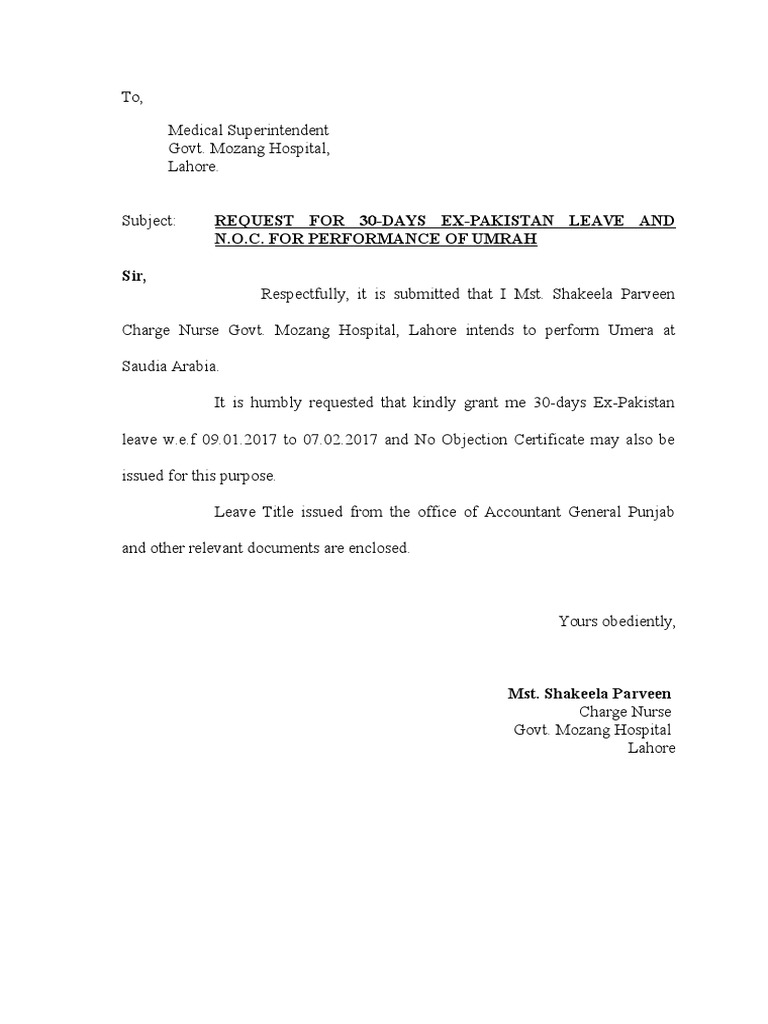 Request For 30-Days Ex-Pakistan Leave and N.O.C. For Performance of ...