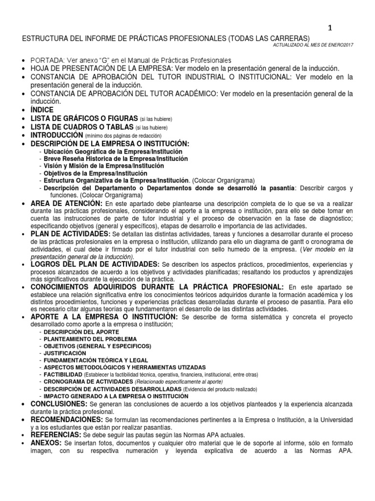 Estructura De Informe De Pasantías Para Todas Las Carreras Unefa 2017